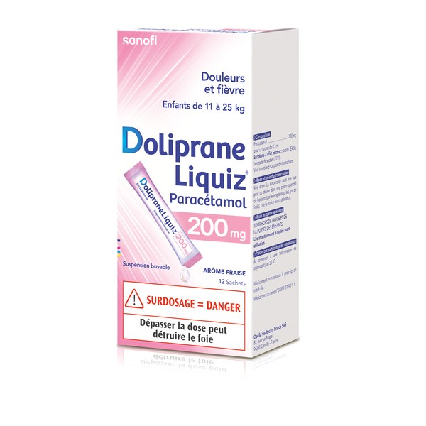 Doliprane Liquiz 200 mg stick sans sucre pour enfant - Fièvre