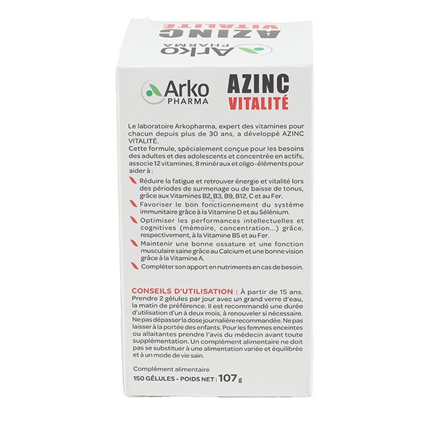 Azinc vitalité Arkopharma : 12 Vitamines 8 minéraux - Multivitamines