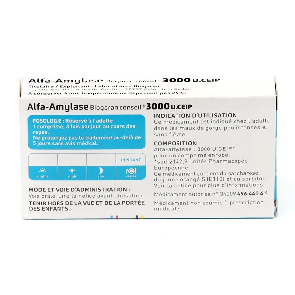 Alfa Amylase 3000 comprimé Biogaran - Mal de gorge - Générique Maxilase