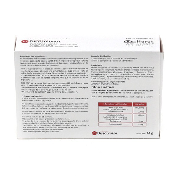 Comprimés Rizocol Levure de riz rouge - Taux de cholestérol