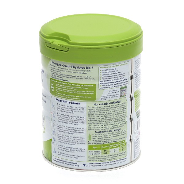 Lait en poudre bébé 2ème âge Physiolac Bio - Sans huile de palme