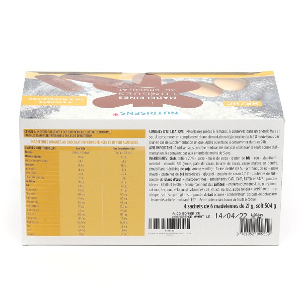 Nutrisens 4 sachets de 6 madeleines longues au chocolat HP/HC
