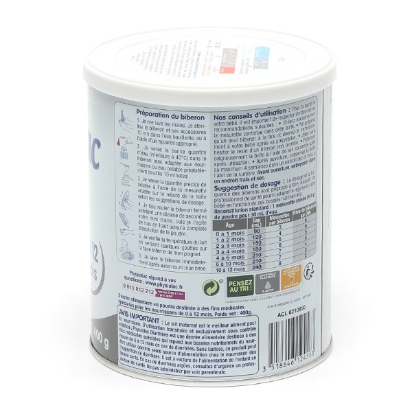 Physiolac Diarrhées bébé 0 à 12 mois - Lait sans lactose