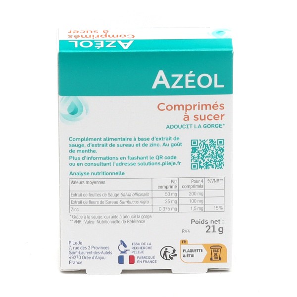 Pileje Azéol Comprimés à sucer : adoucit la gorge - Sauge, zinc