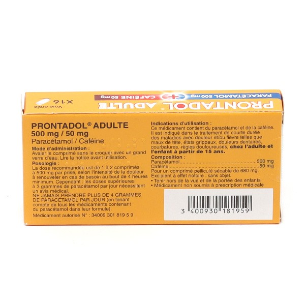 Prontadol adulte Paracétamol 500 mg/ Caféine 50 mg- Douleur et fièvre