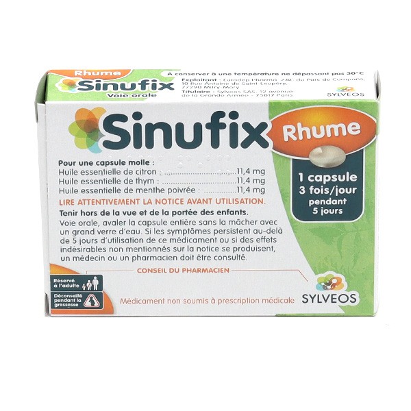 Sinufix médicament aux huiles essentielles en capsules - Symptômes du rhume