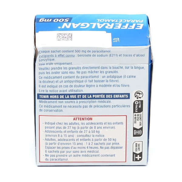Efferalgan 500 mg fruits rouges granulés sans eau - Douleur, fièvre