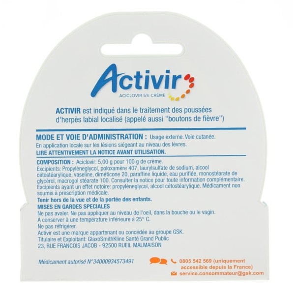 Activir 5% crème tube 2g - Traitement des poussées Herpès labial
