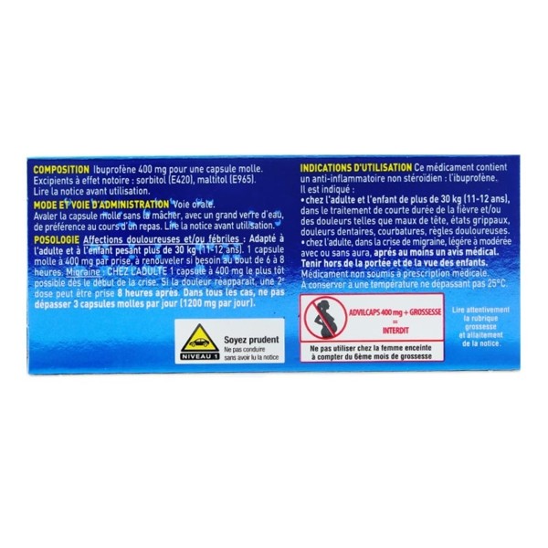 AdvilCaps 400 mg 14 capsules contre maux de tête et douleurs - Ibuprofène