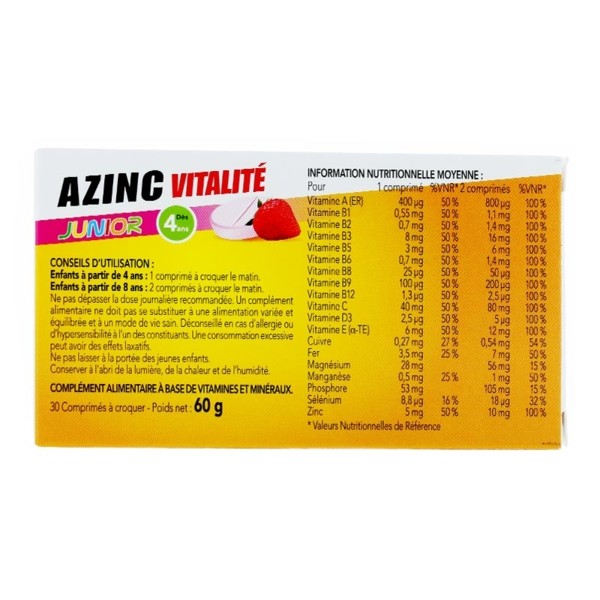 Azinc Vitalité Junior fraise comprimés à croquer - Tonus - Dès 4 ans