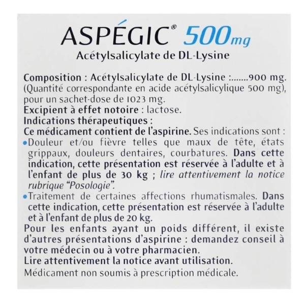 Aspégic 500 mg sachets poudre Aspirine pour soulager douleur et fièvre