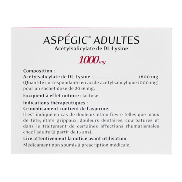Aspégic 1000 mg adultes en sachets - Aspirine - Douleurs et fièvre