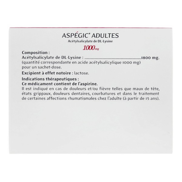 Aspégic 1000 mg adultes en sachets - Aspirine - Douleurs et fièvre