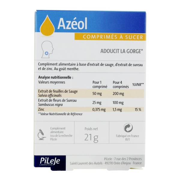 Pileje Azéol Comprimés à sucer : adoucit la gorge - Sureau, zinc, sauge