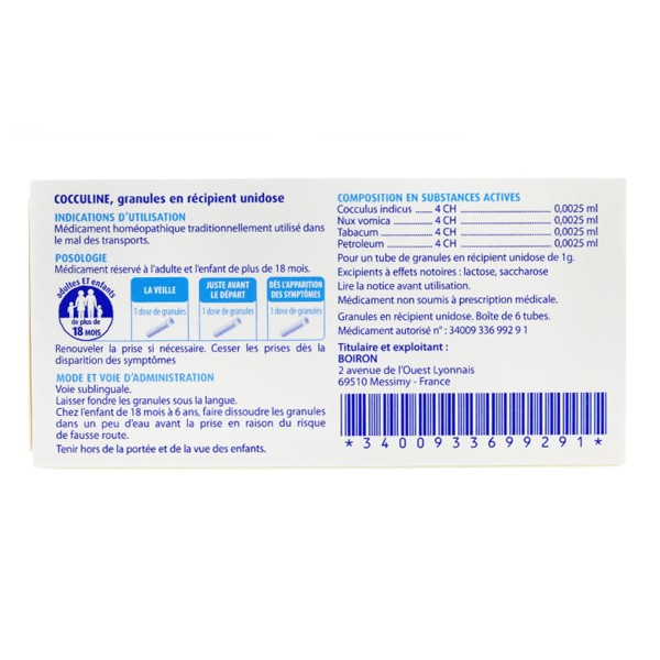 Cocculine Boiron homéopathie 6 doses - Mal des transports