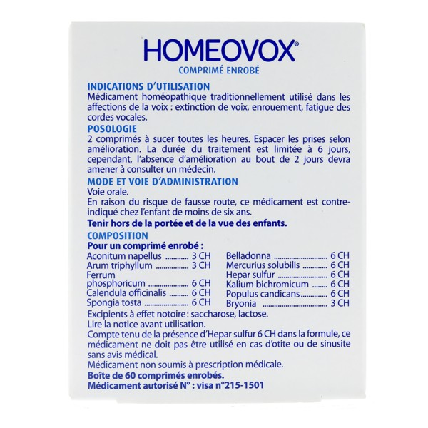 Homeovox 60 comprimés Boiron - Extinction de voix et Enrouement