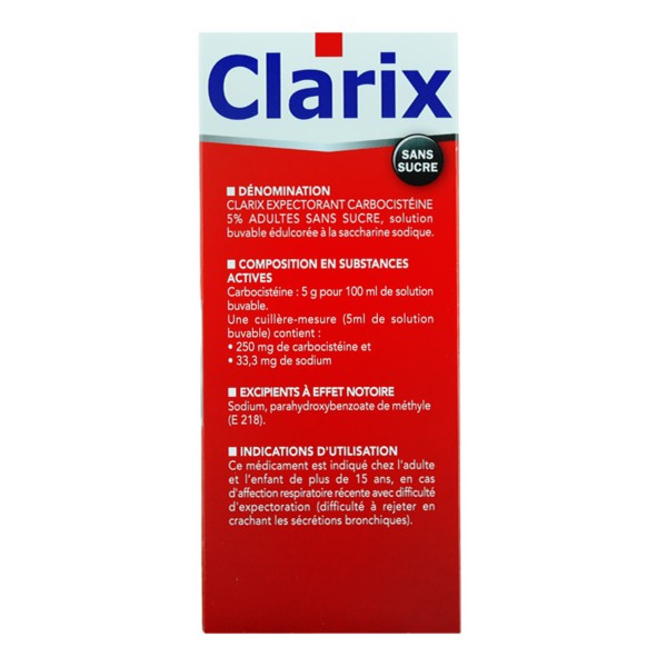 Clarix sirop Toux grasse expectorant 5% Adultes sans sucre 250 ml