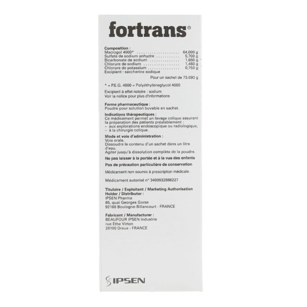 Fortrans poudre 4 sachets - Préparation lavage colique - Coloscopie