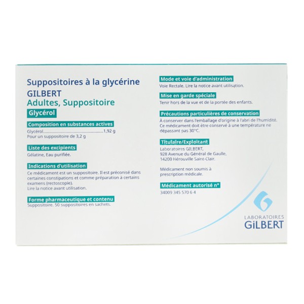 Suppositoire à la glycérine pour adulte Gilbert - Constipation - Laxatif