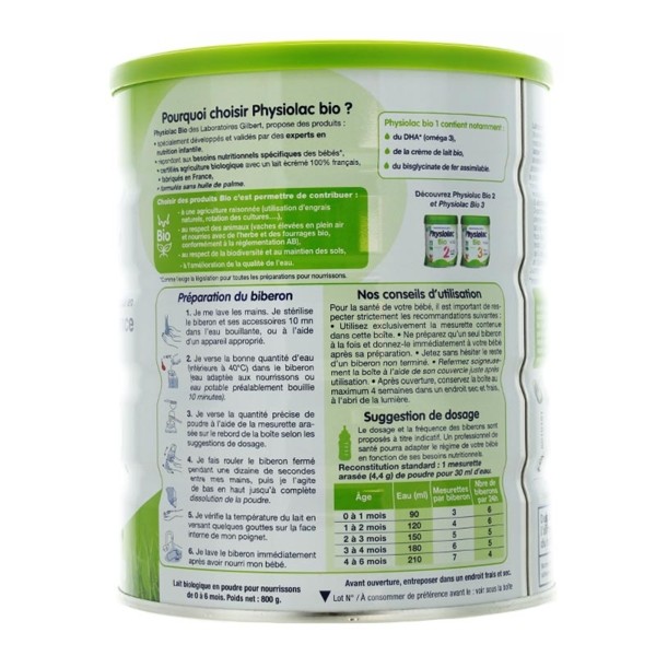 Physiolac Bio lait infantile 1er âge 800 g - Sans huile de palme