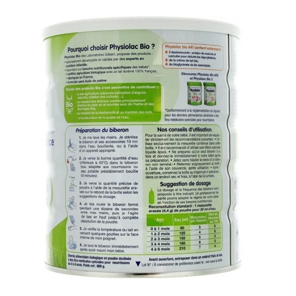 Physiolac Bio AR lait 1er âge - Anti régurgitations - Bébé