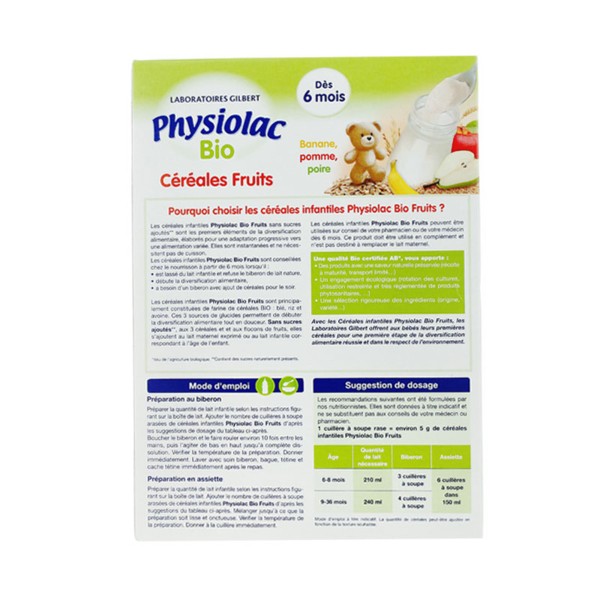 Physiolac Bio céréales bébé aux fruits 200 g - Diversification dès 6 mois