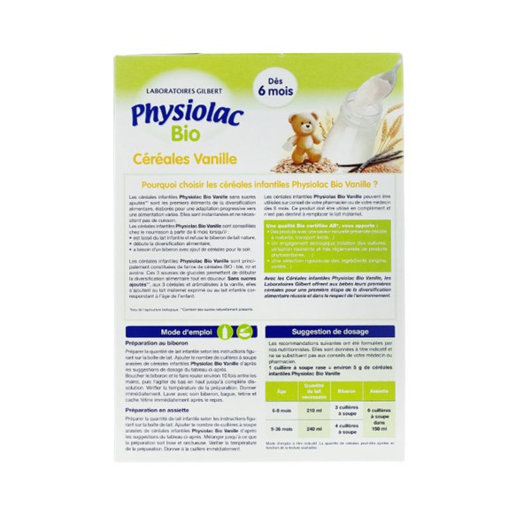 Physiolac Bio Céréales Vanille 200 g - Sans sucres ajoutés - Dès 6 mois