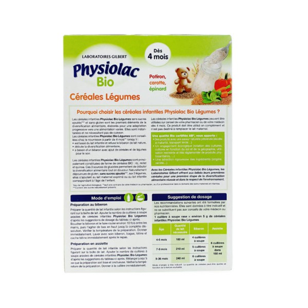 Physiolac Bio Céréales légumes 200 g - Diversification alimentaire bébé