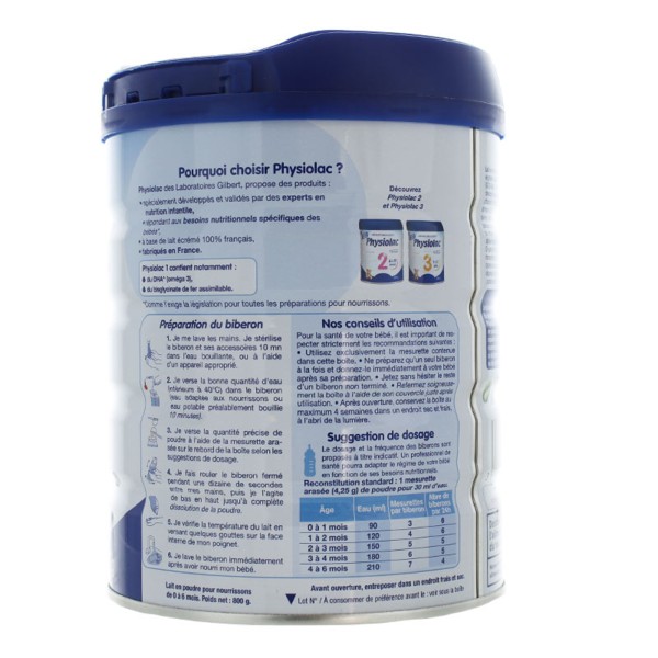 Physiolac lait infantile 1er âge 800 g - De 0 à 6 mois