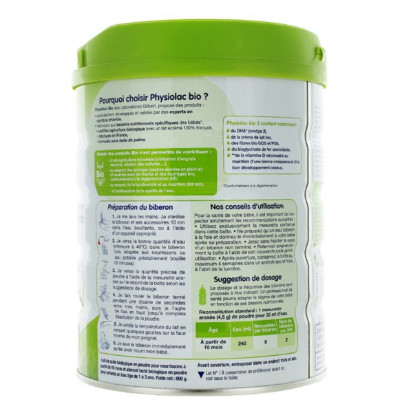 Physiolac Bio Lait de croissance 3e âge 800 g - Sans huile de palme