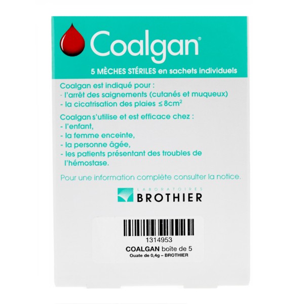 Coalgan : mèche hémostatique x5 - Saignement de nez, cutané, bouche