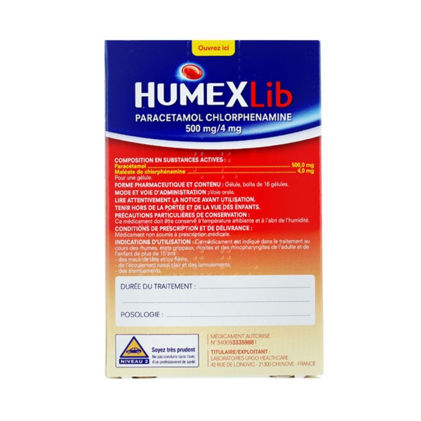 HumexLib Etat grippal et rhume 16 gélules - Paracétamol Chlorphénamine