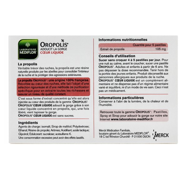 Pastilles cœur liquide à la propolis Oropolis - Mal de Gorge