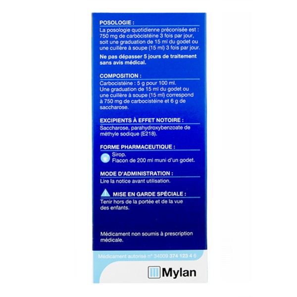 Carbocistéine 5% sirop fluidifiant adultes Mylan 200 ml - Toux grasse