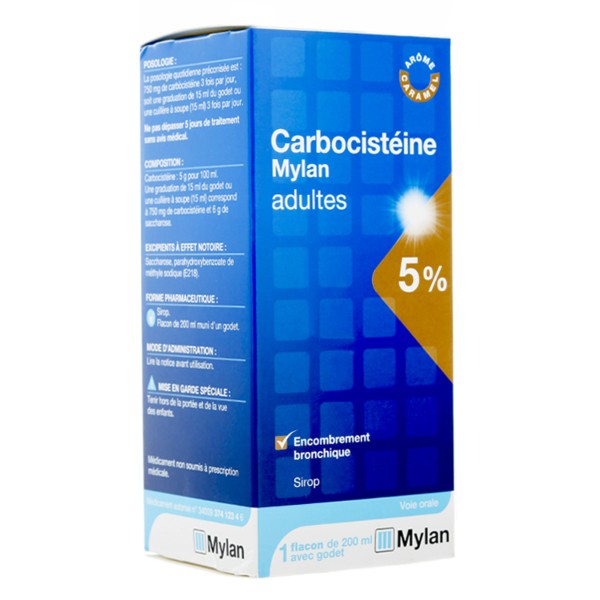 Carbocistéine 5% sirop fluidifiant adultes Viatris 200 ml - Toux grasse