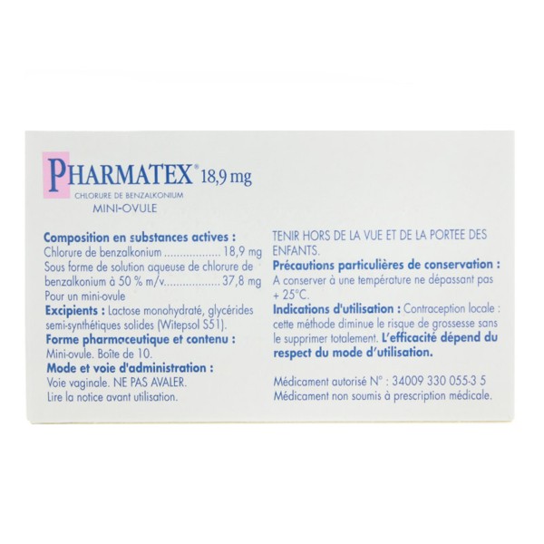 Pharmatex mini ovule 18,9 mg - Spermicide - Contraception sans hormones