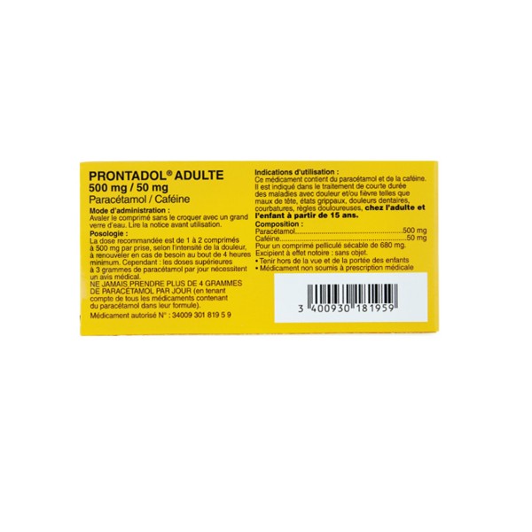 Prontadol adulte Paracétamol 500 mg/ Caféine 50 mg- Douleur et fièvre