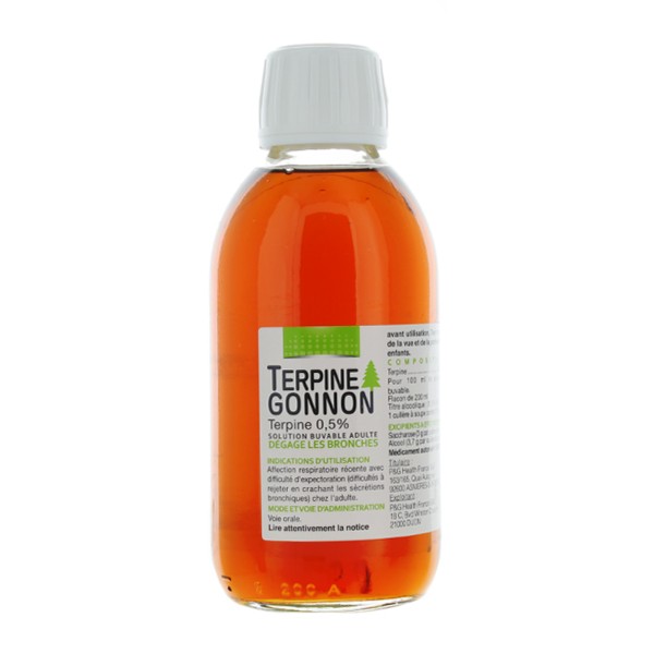 Terpine Gonnon sirop expectorant adulte 200 ml pour la toux grasse