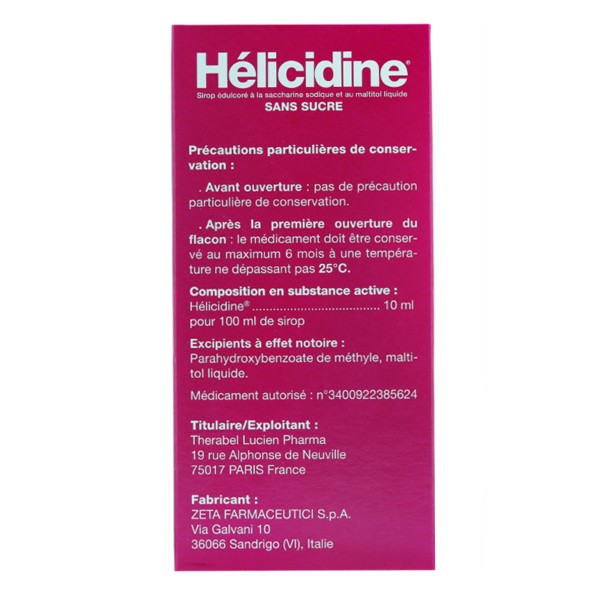 Hélicidine sirop pour la toux sèche sans sucre - Médicament antitussif